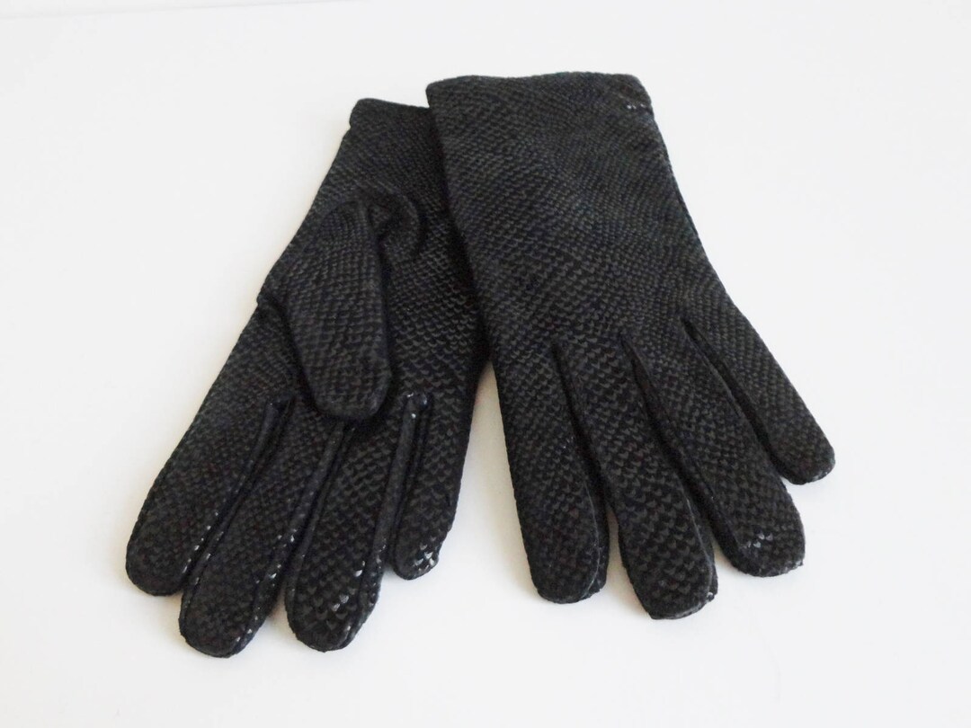 Black DEADSTOCK Leather Gloves // Shiny Faux Snake Print // Size 6,5/7 ...