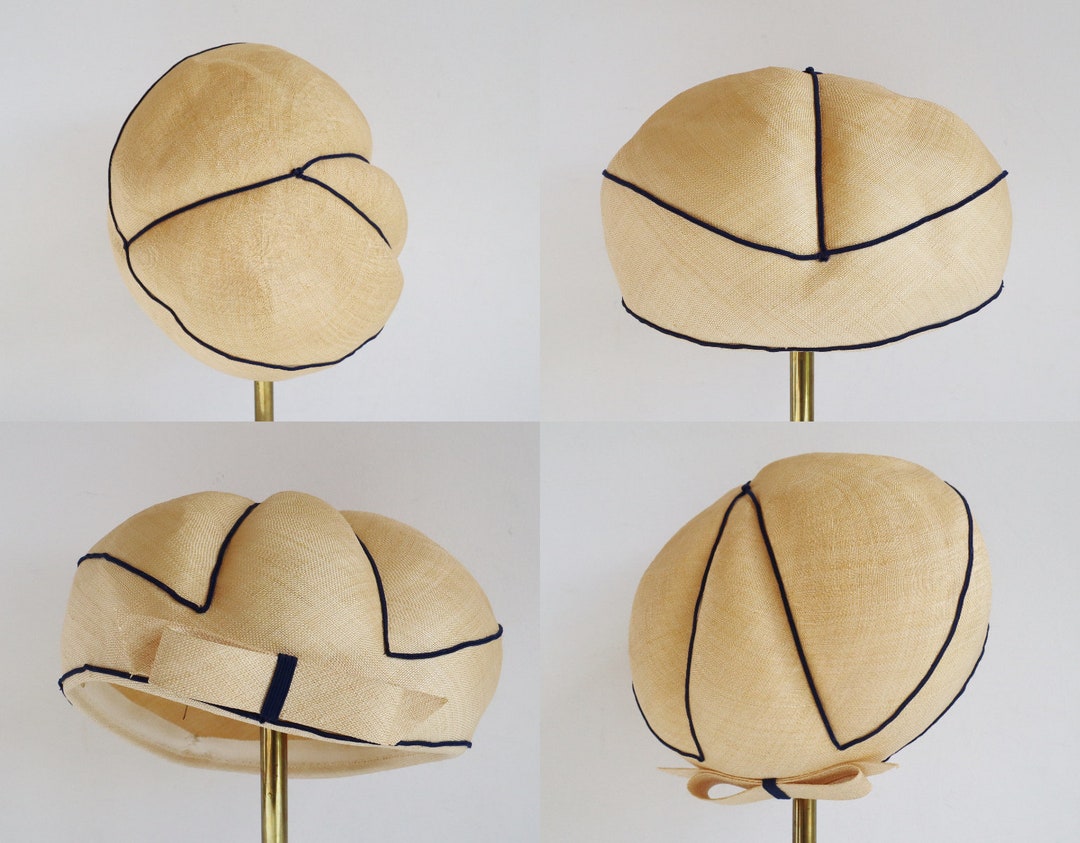 Yellow 60s Summer Straw Hat With Blue Ribbon & Bow // Size 53 // Made ...