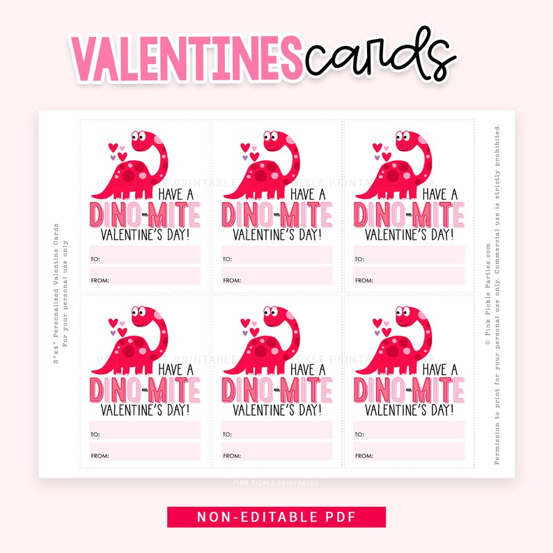 Dino-mite Dinosaur Valentine's Day Cards for Kids. Classroom Valentines ...
