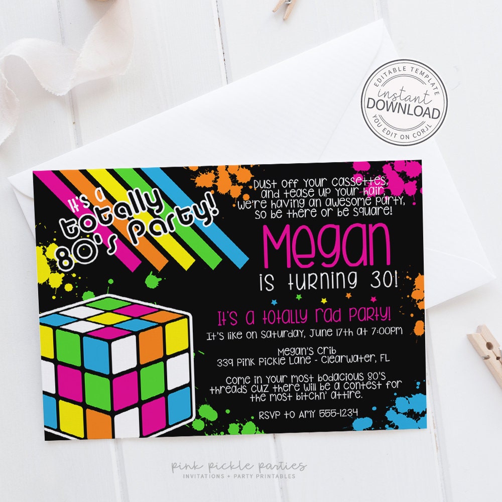80s Themed Invitations 80s Birthday Party Invitation Template | Etsy