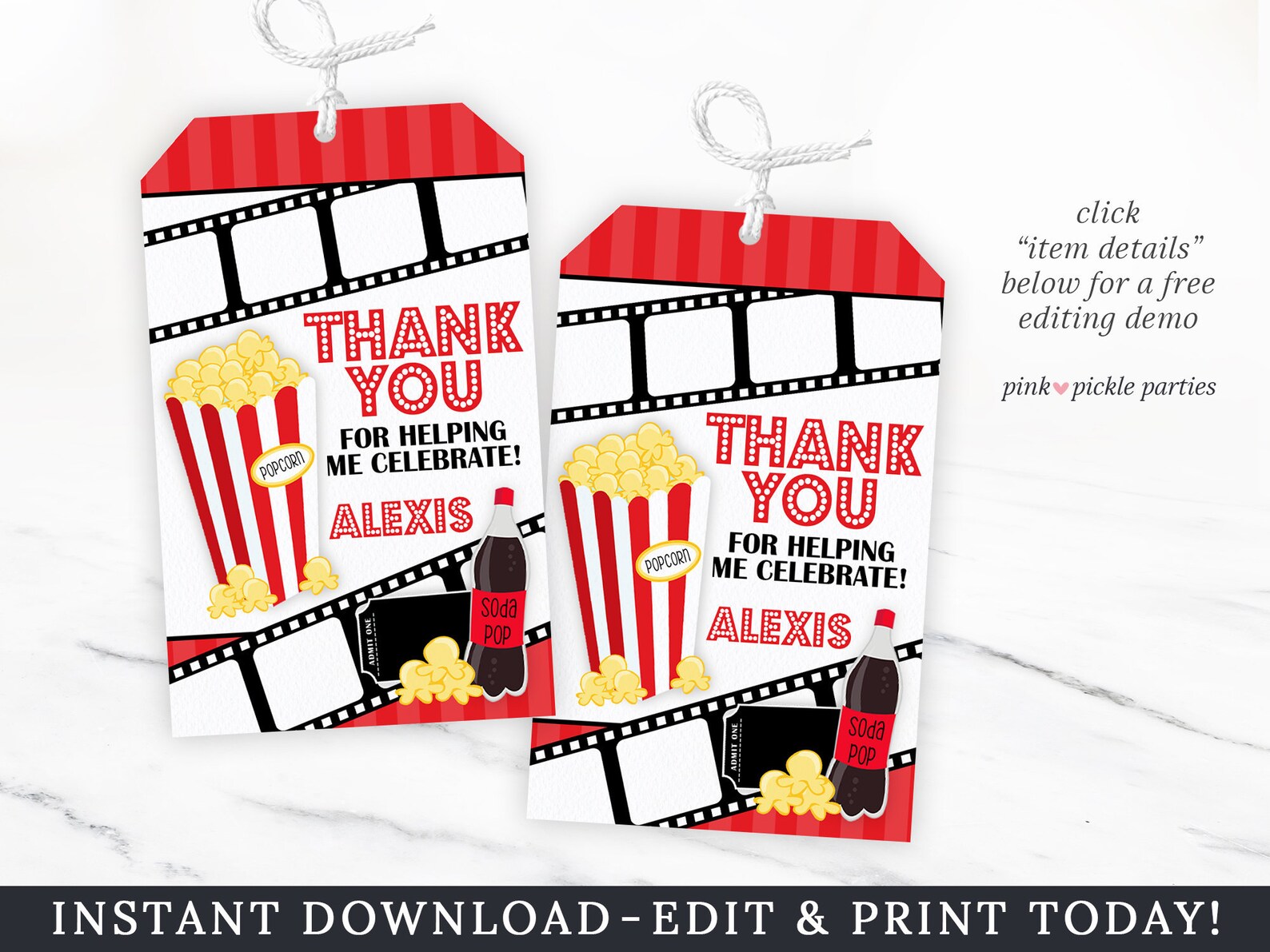 Movie Night Party Favors Tags Movie Favor Tags Instant - Etsy