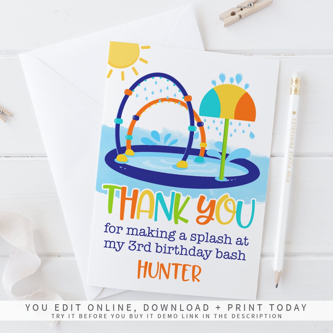 Splash Pad Thank You Card, Splash Park Thank You, Splash Pad Party ...