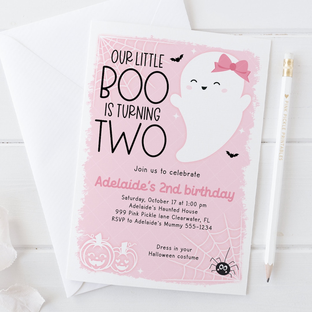Editable Little Boo Turning Two Halloween Birthday Invitation Pink ...