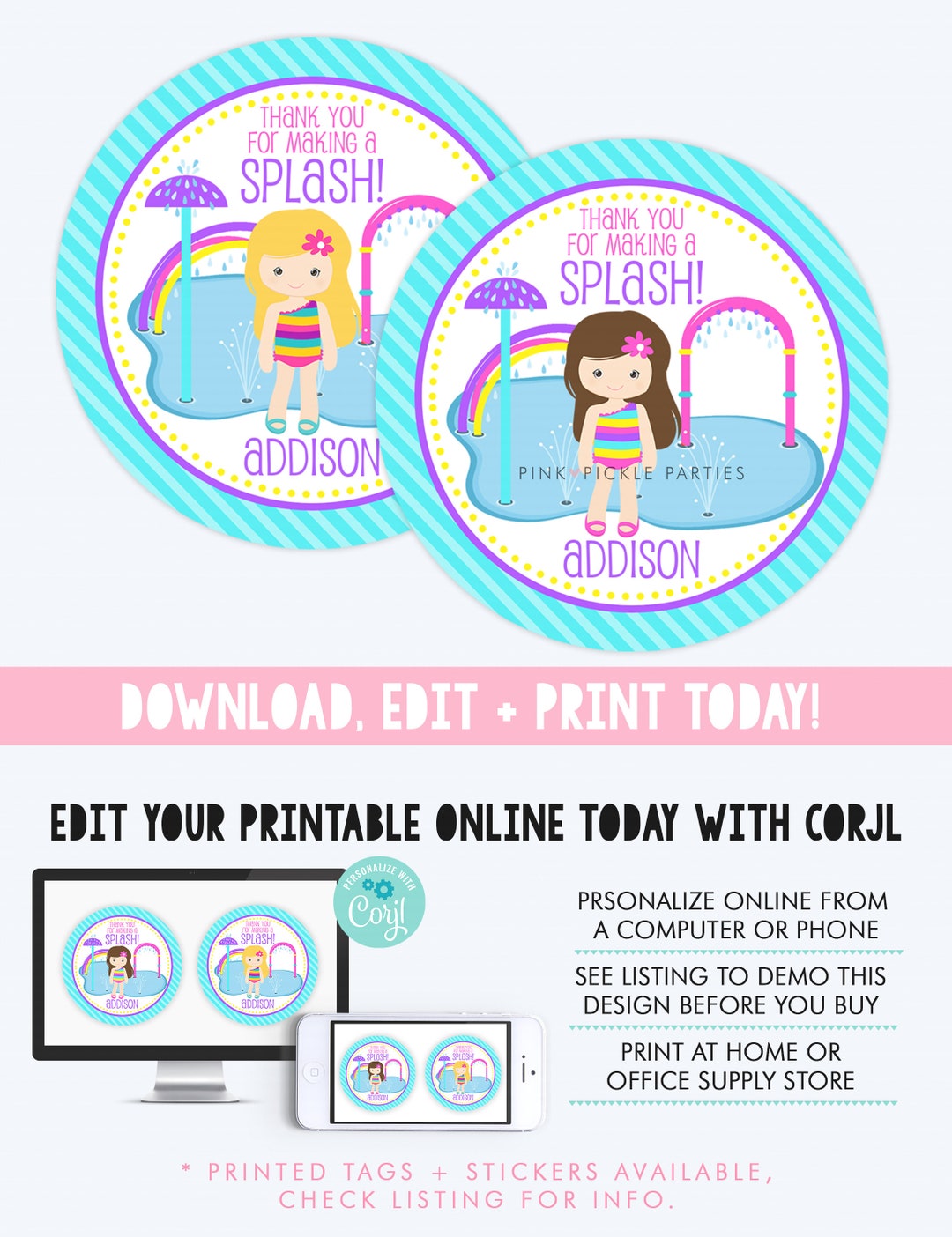 Splash Pad Favor Tag, Birthday Favor Stickers, Favor Tags Printable ...