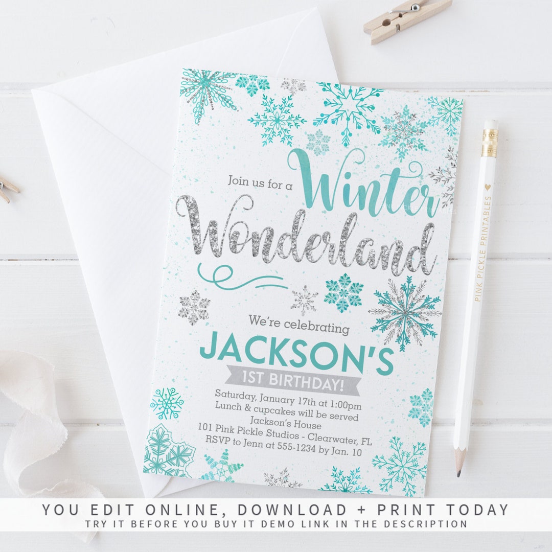 Winter Wonderland Invitation, Winter Invitations, Teal Snowflake ...