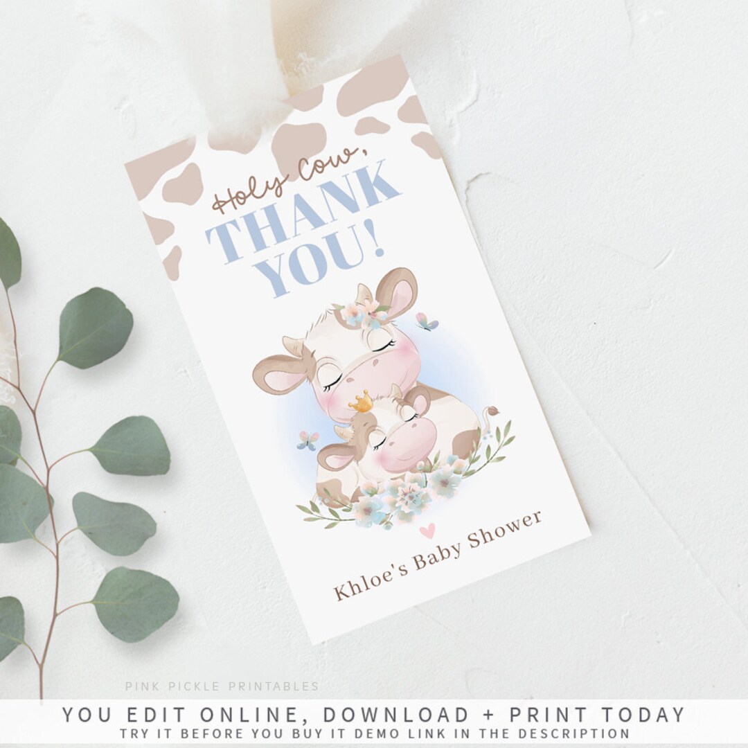 Editable Holy Cow Baby Shower Thank You Tags, Thank Moo for Coming, Cow ...