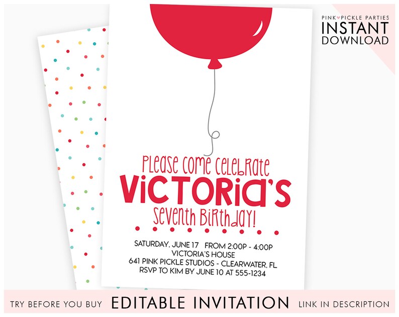 Balloon Invitation Balloon Birthday Invitation Red Balloon | Etsy