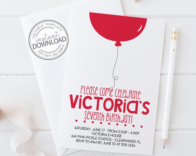 Balloon Invitation, Balloon Birthday Invitation, Red, Balloon Invite ...