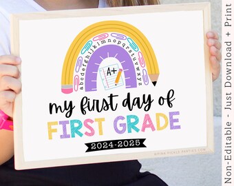 Boho Rainbow Hello First Grade Sign, First Day of First Grade Girl Sign ...