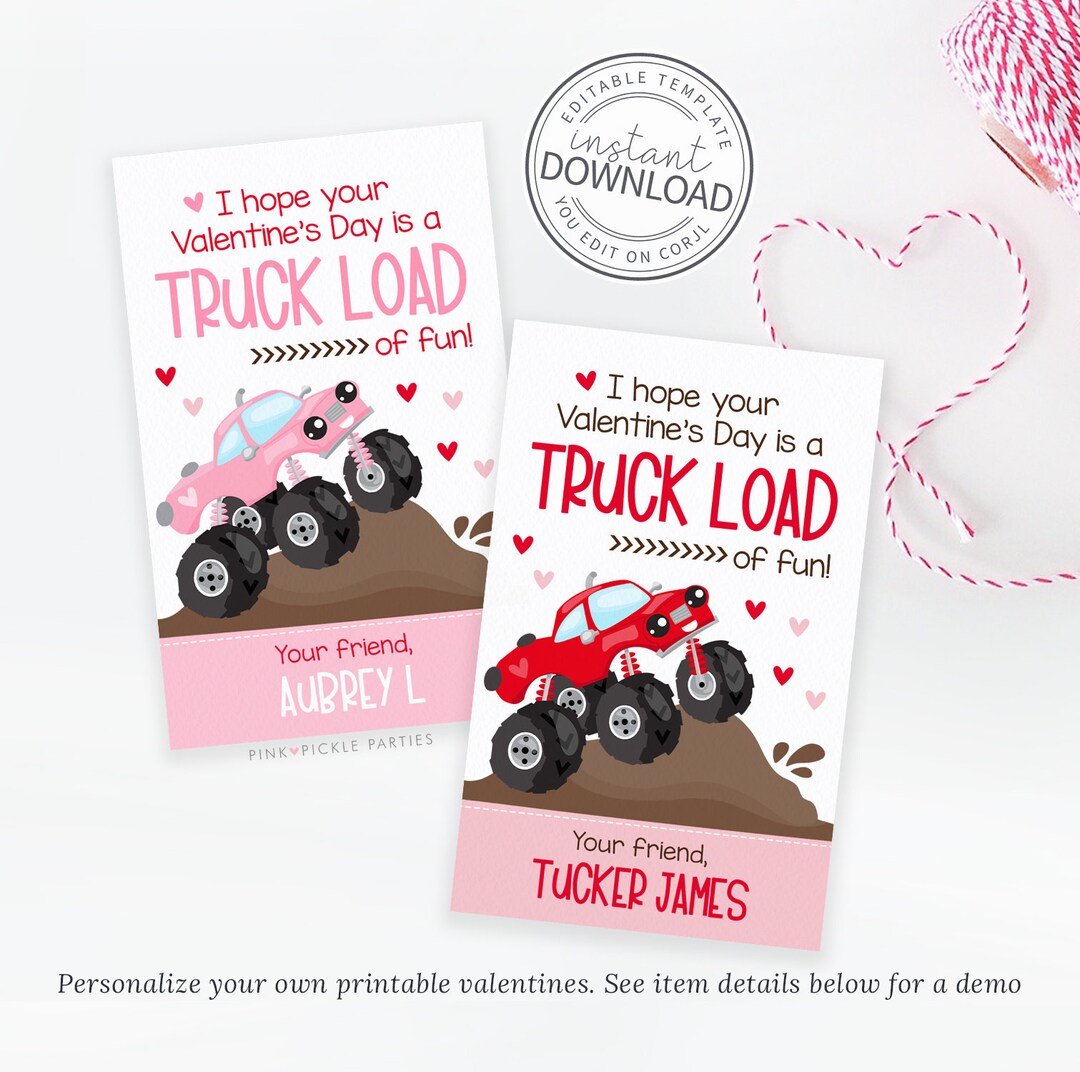 Monster Truck Valentine Tag, Valentines Day Cards for Kids. Classroom ...