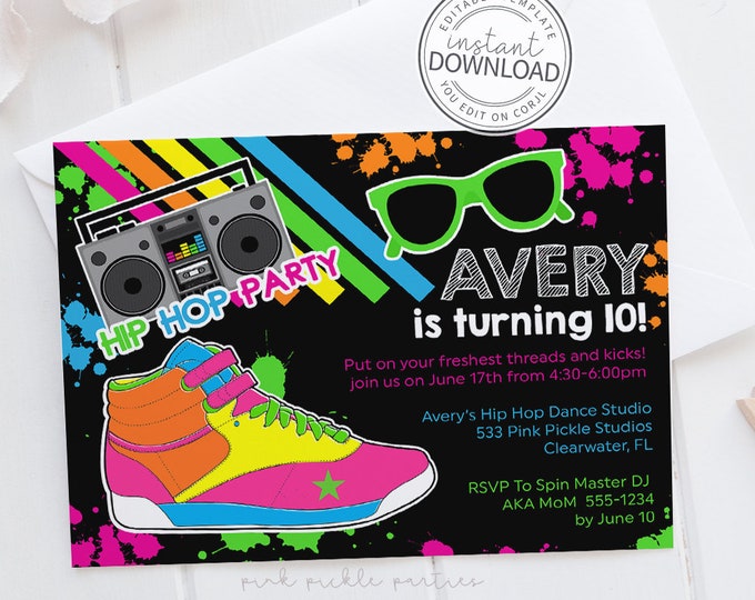Hip Hop Dance Party Invitation Printable, EDITABLE TEMPLATE, Disco ...