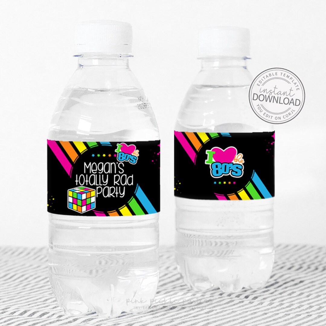 Editable 80s Party Water Bottle Wraps, 80s Theme Party Water Bottle ...