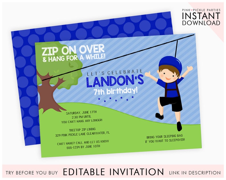 Zip Line Invitation Zip Line Party Zipline Birthday | Etsy
