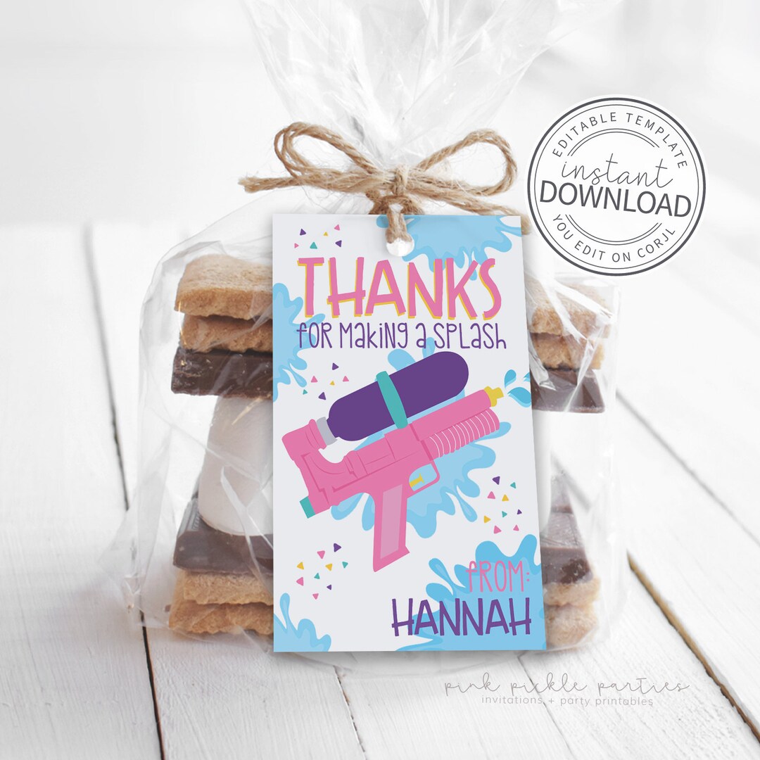 Editable Water Gun Favor Tags, Water Gun Thank You Tags, Squirt Gun ...