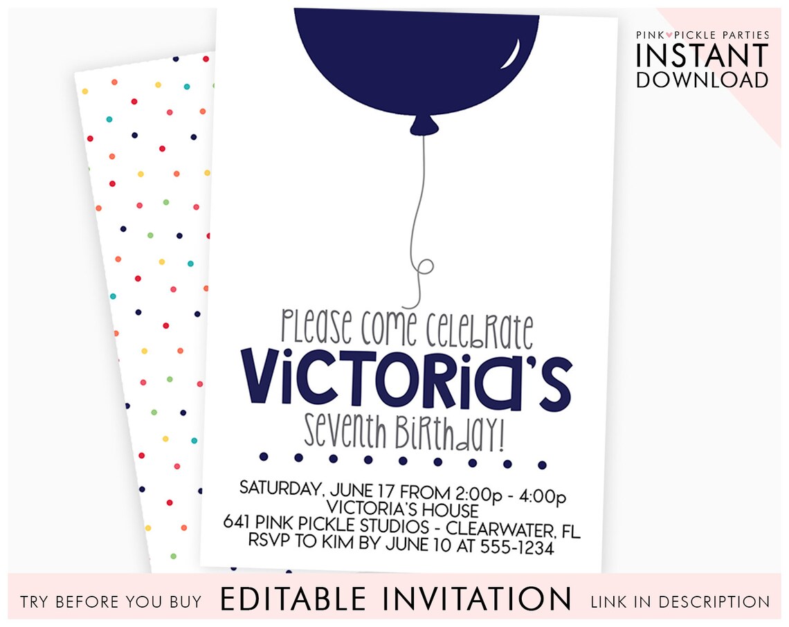 Balloon Invitation Balloon Birthday Invitation Blue Balloon - Etsy
