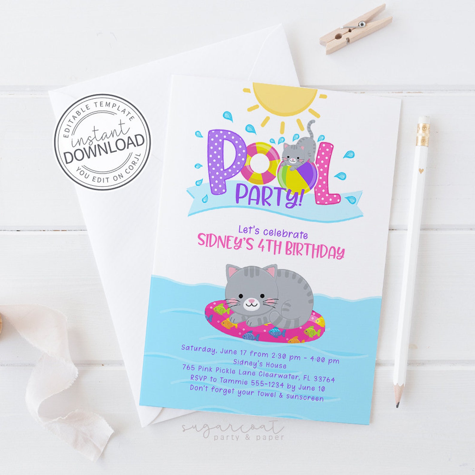 Kitty Pool Party Invitation, Editable Cat Pool Birthday Invitation ...
