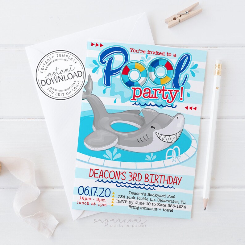 Shark Pool Party Invitation. Shark Invitation. Shark Birthday - Etsy