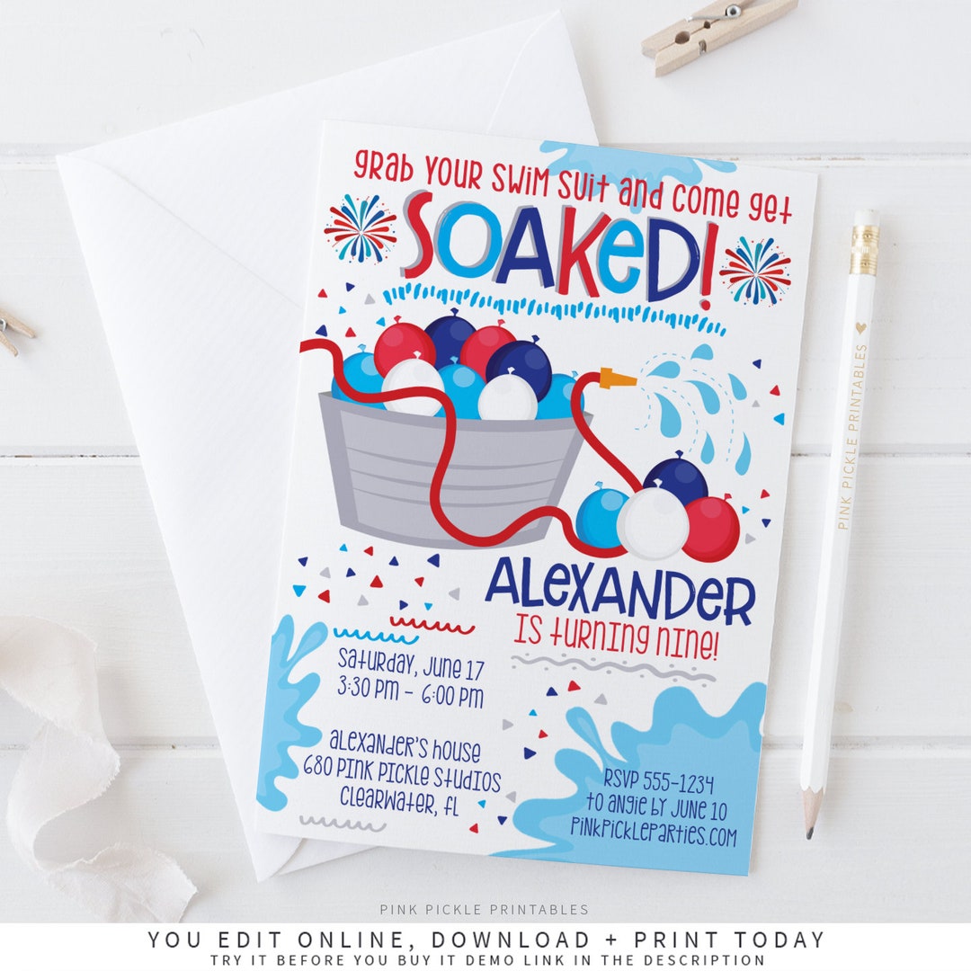 Water Balloon Invitation, Water Balloon Invite, Water Balloon Party ...