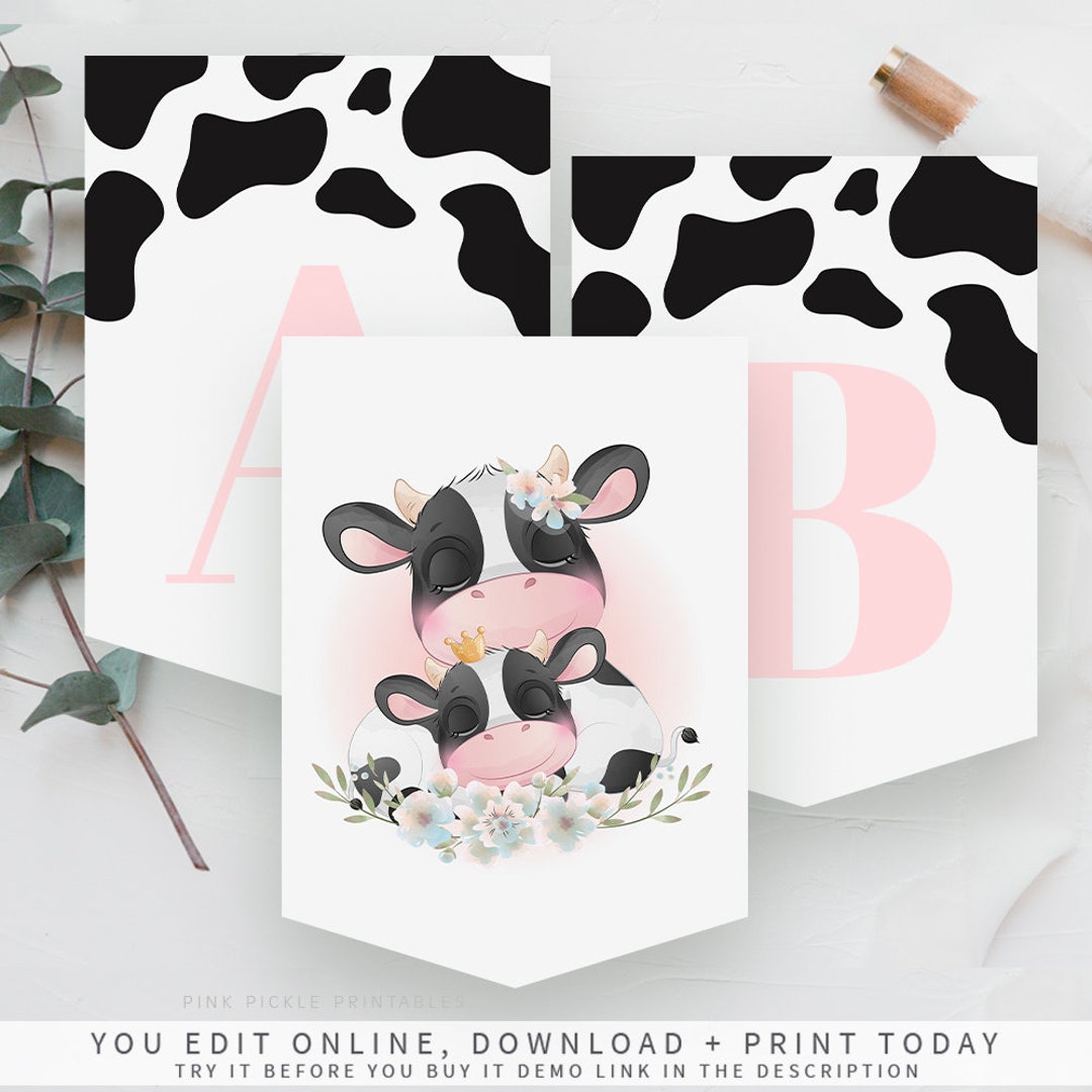 Editable Cow Baby Shower Banner, Cow Party Banner, Cow Baby Shower ...