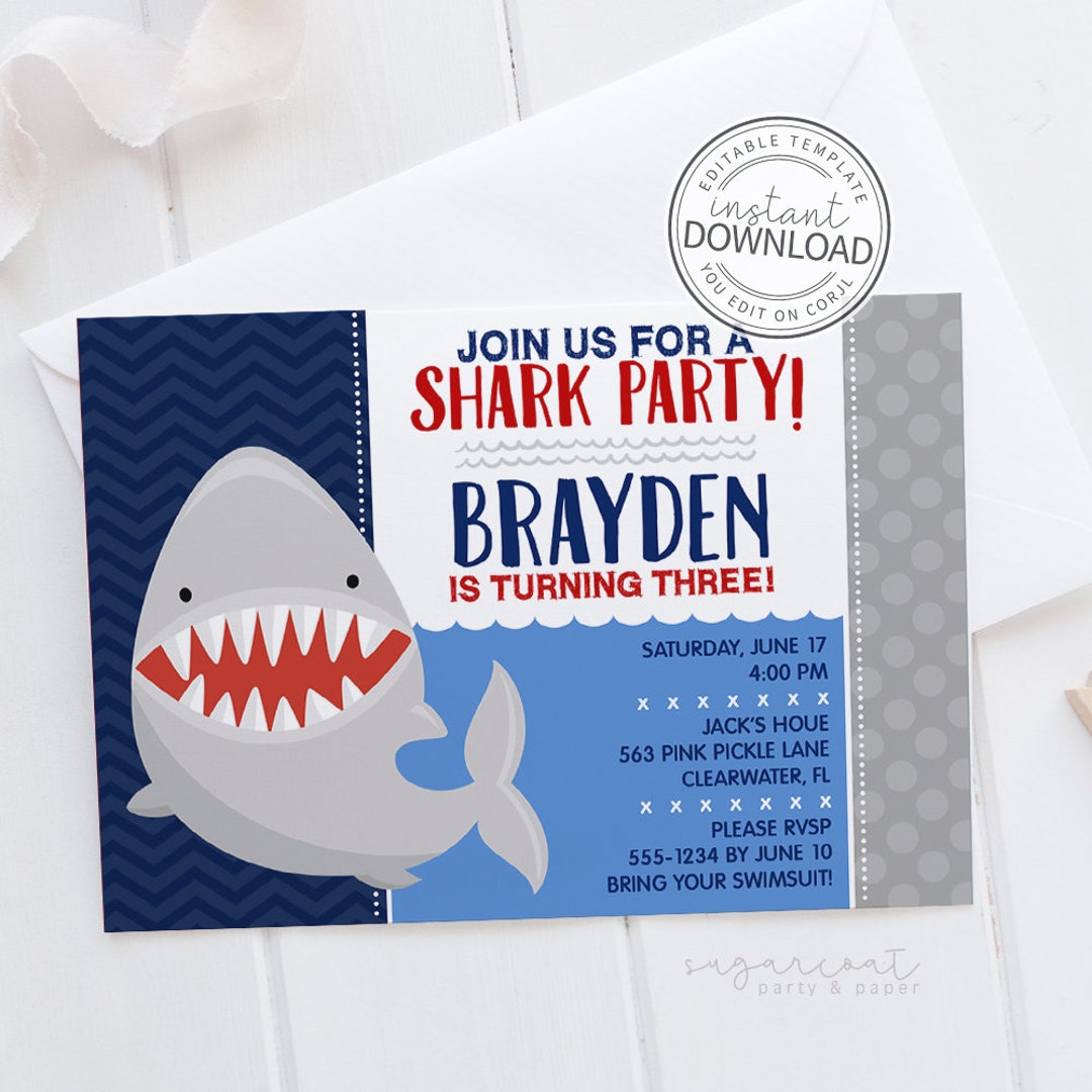 Shark Invitation, Shark Invite, Shark Party, Shark Birthday, Shark ...
