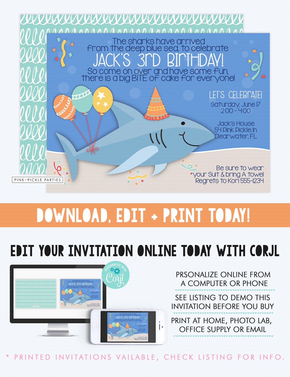 Shark Invitation Shark Invite Shark Party Shark Birthday | Etsy