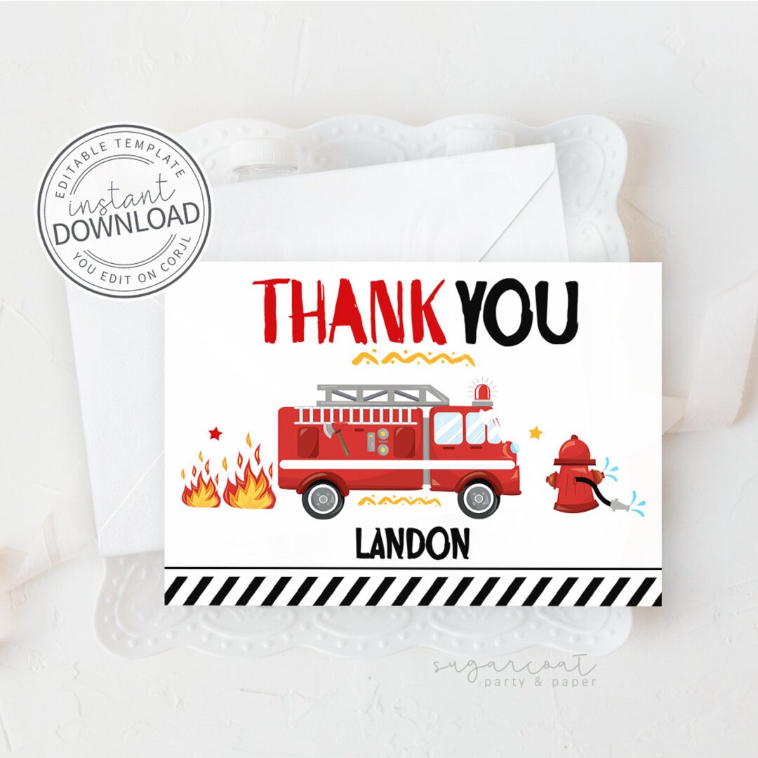 Fire Truck Note Cards, Fireman Thank You Card, Firefighter Thank You ...