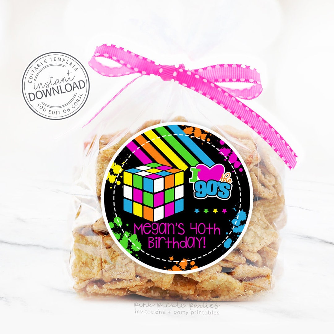 90s Birthday Party Favor Tags, 1990's Neon Party, Printable Favor Tags ...