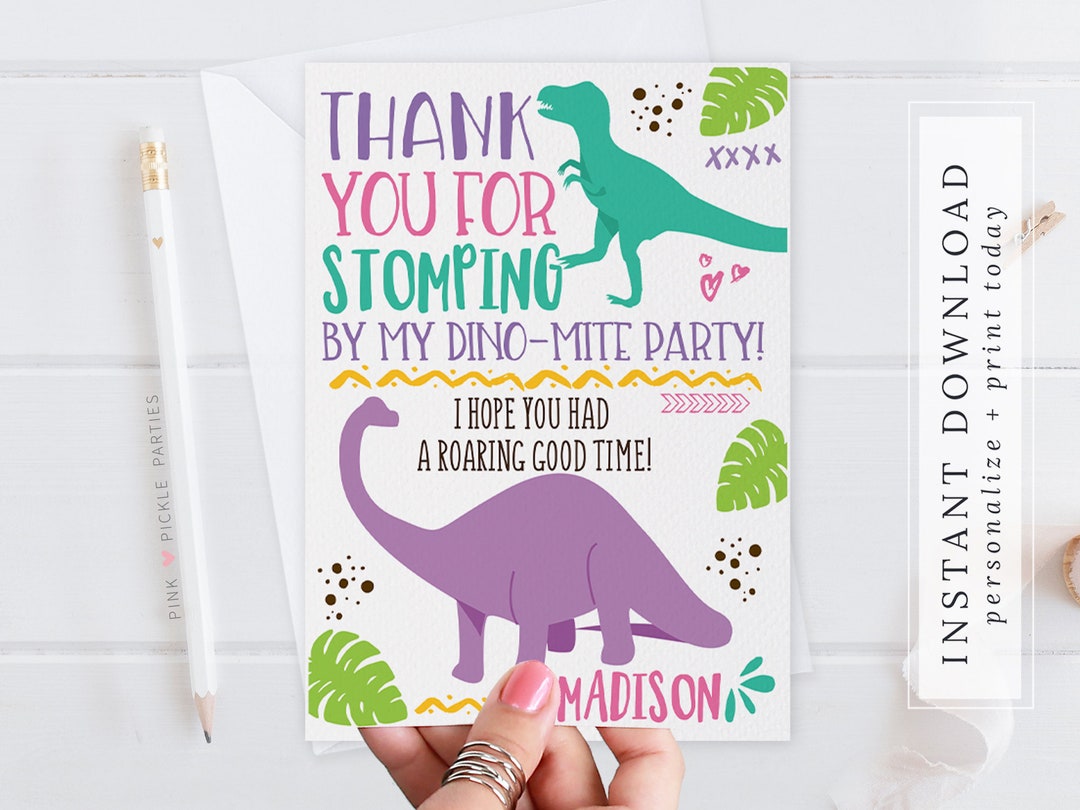Dinosaur Thank You Card, Girl Dinosaur Thank You Note, Dino Thank You ...