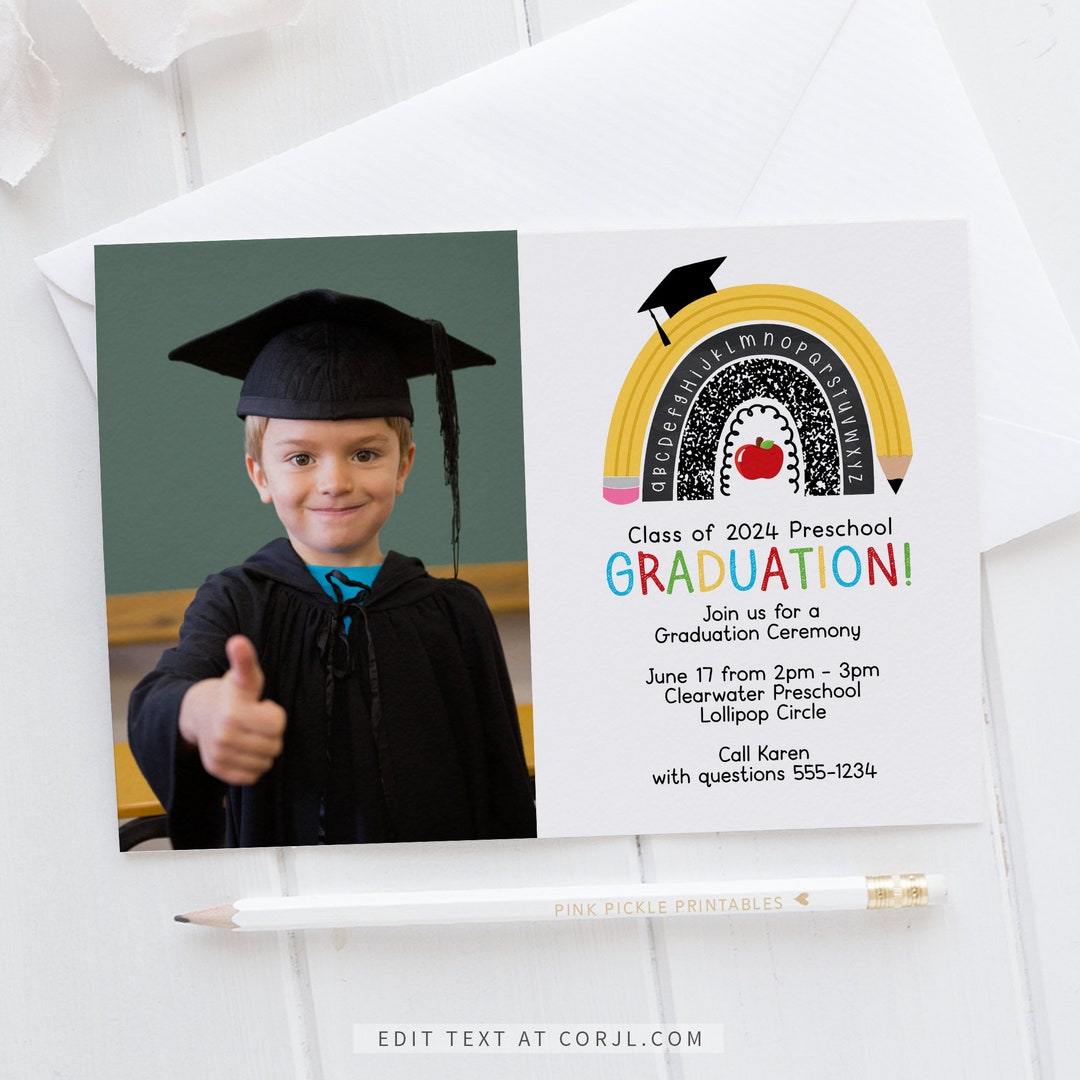 Preschool Graduation Invitation With Photo, School Rainbow Invitation ...