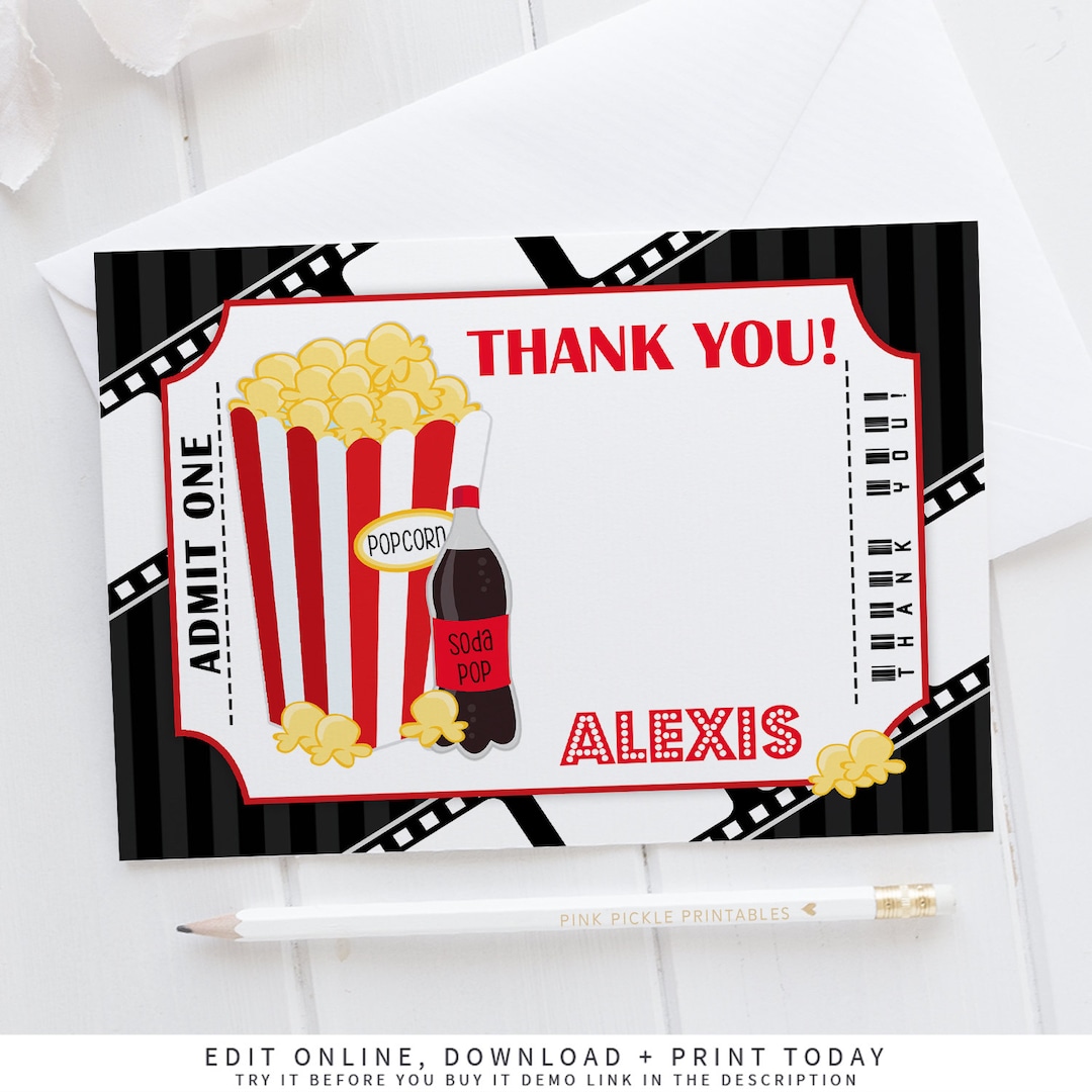 Movie Thank You Card, Movie Thank You Note, Movie Thank You, Thank You ...