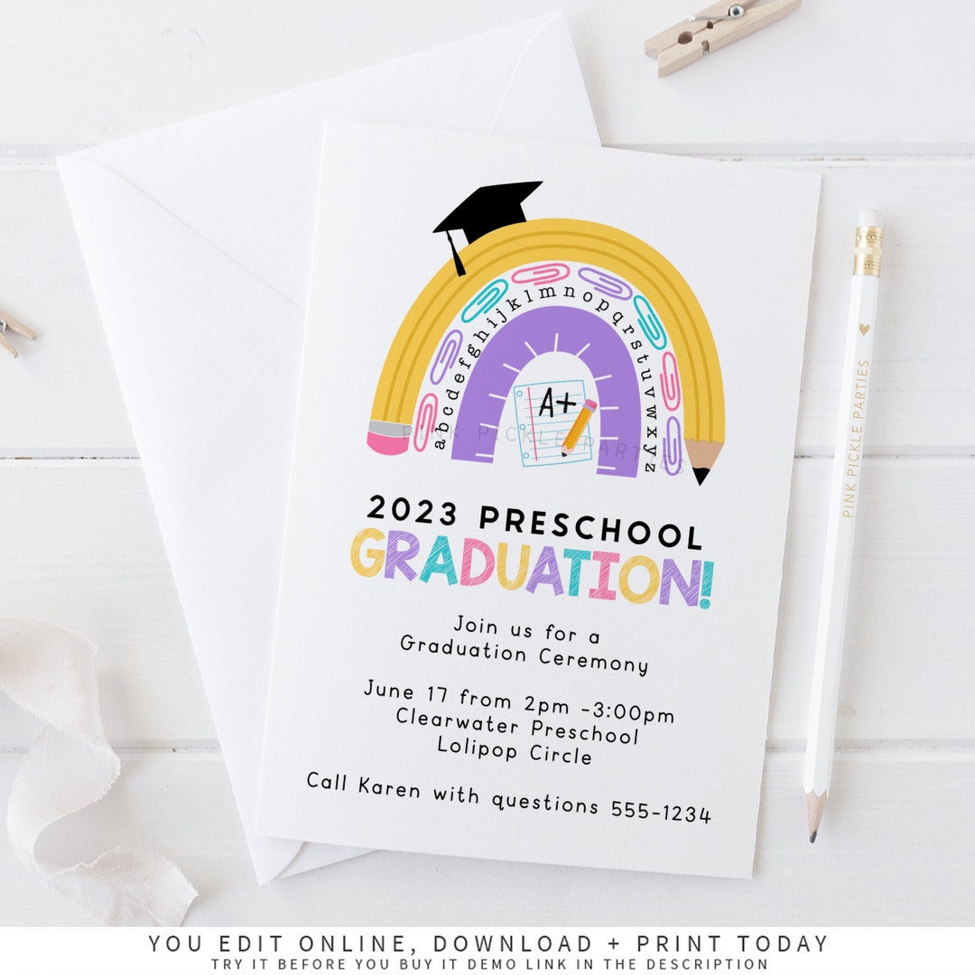 Preschool Graduation Invitation, School Rainbow Invitation, Preschool ...