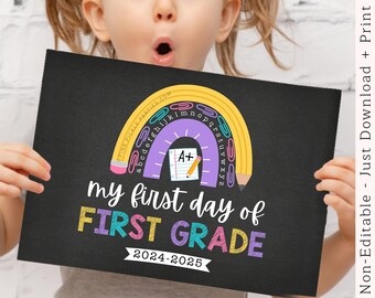 Boho Rainbow Hello First Grade Sign, First Day of First Grade Girl Sign ...