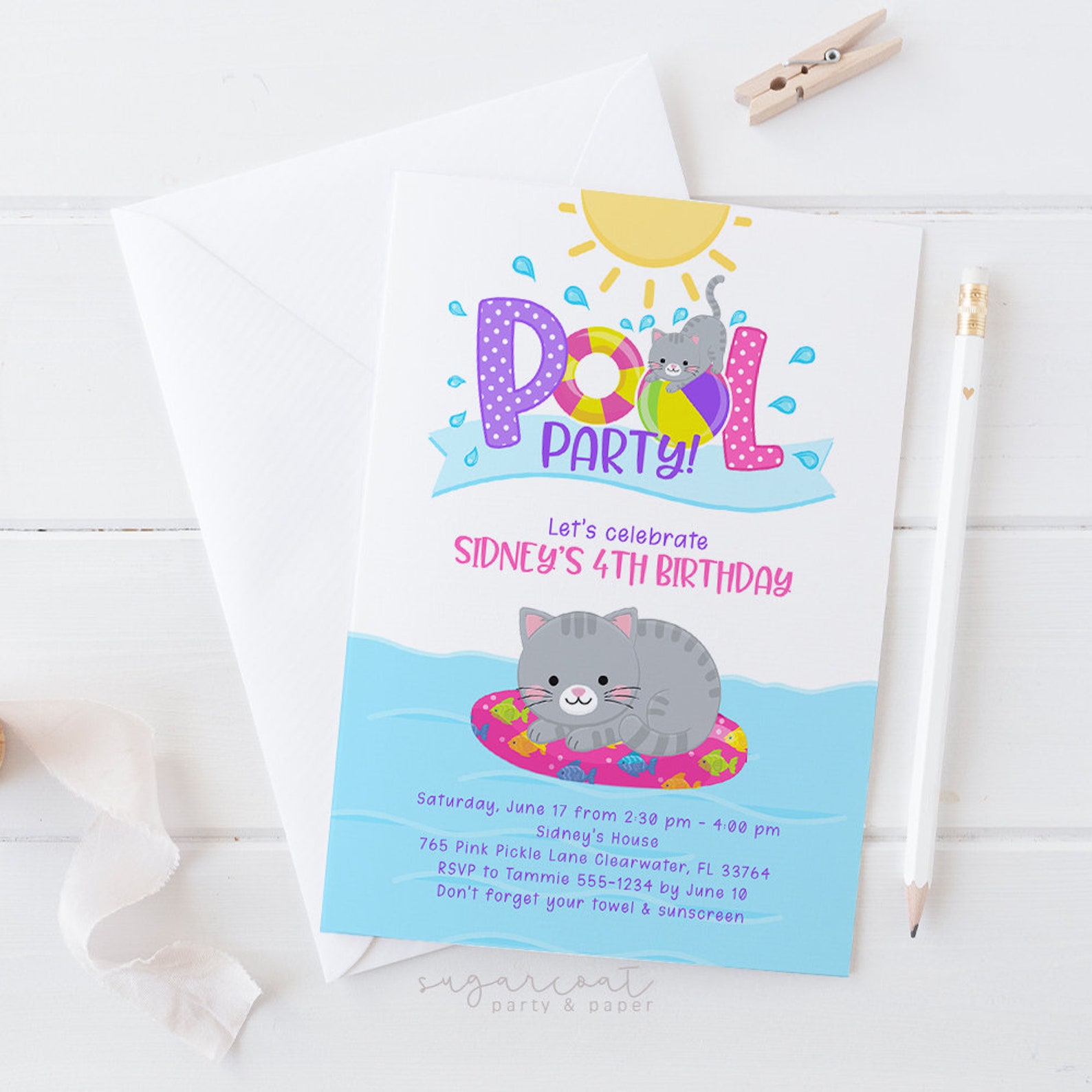 Kitty Pool Party Invitation, Editable Cat Pool Birthday Invitation ...