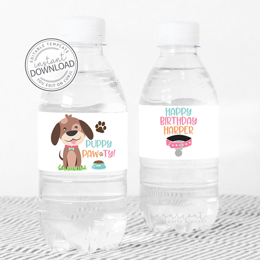 Editable Puppy Party Water Bottle Labels, Puppy Pawty, Puppy Party ...