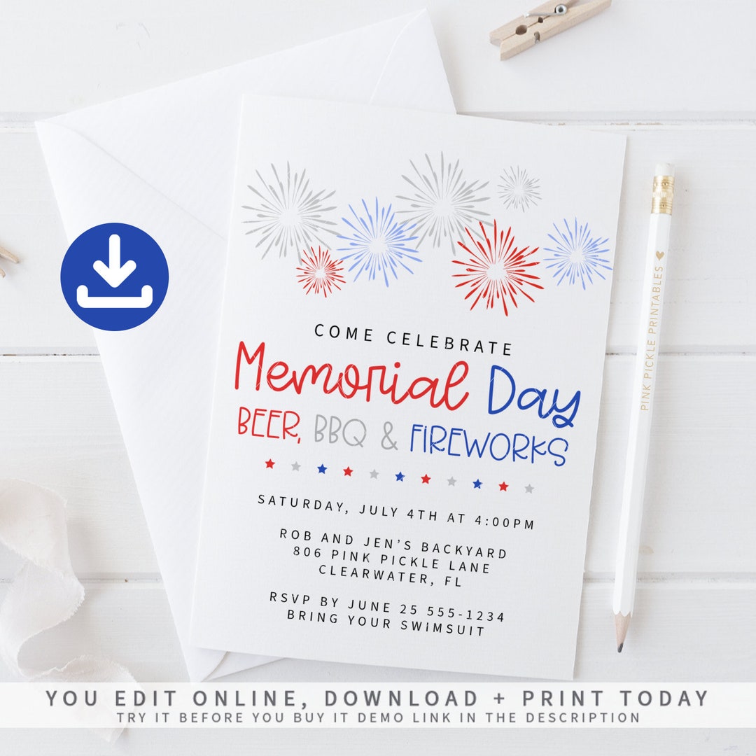 Memorial Day Invitation, Memorial Day Invite, BBQ Invite Fireworks ...