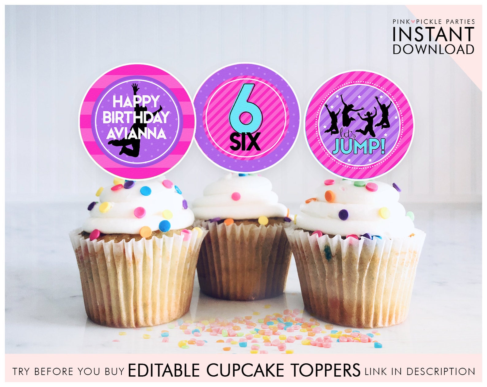 Trampoline Birthday Party Cupcake Toppers, Jump Party Cupcake Toppers ...