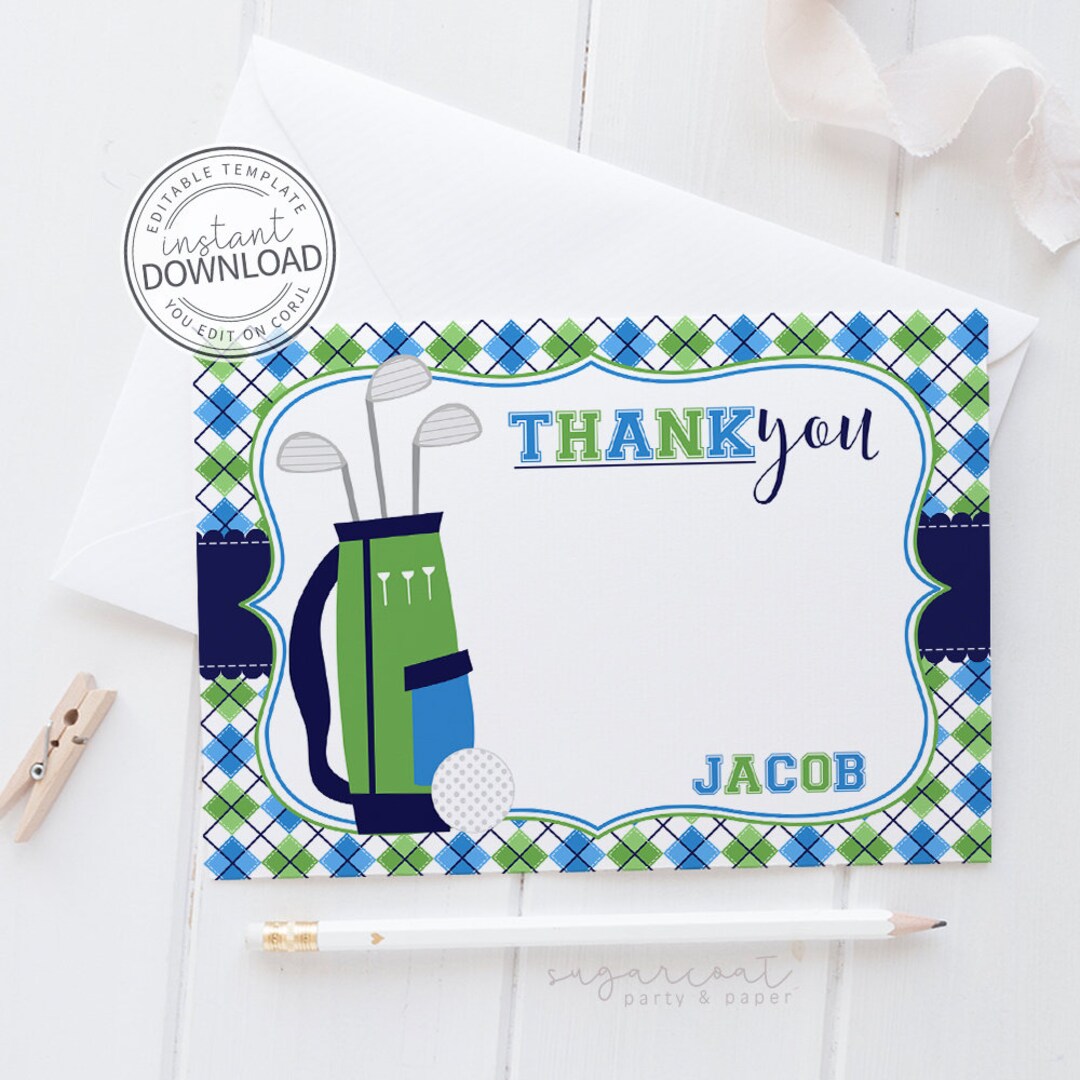 Golf Thank You Card, Golf Note Card, Golf Notecard, Golf Stationery ...