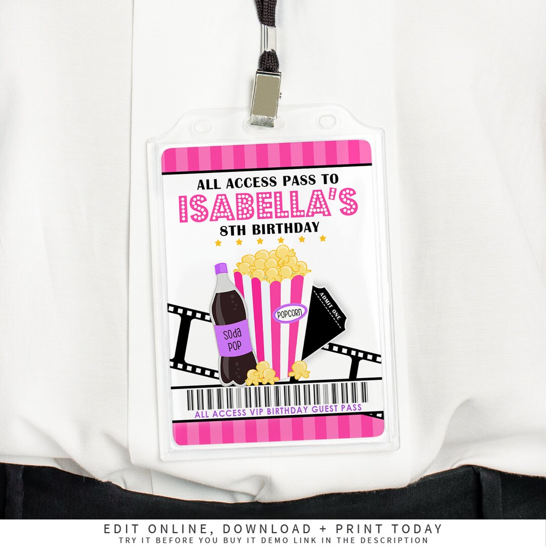 VIP Pass Movie Night Party Favors, VIP All Access Pass Printable, Movie ...