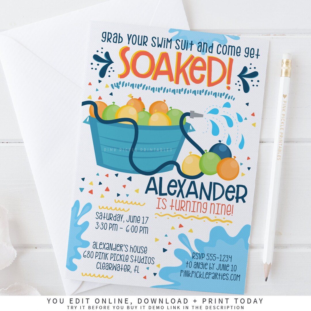 Water Balloon Invitation, Water Balloon Invite, Water Balloon Party ...
