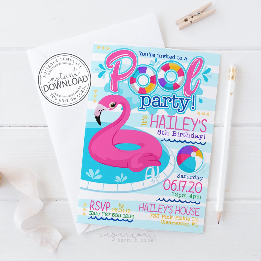 Flamingo Pool Party Invitation Flamingo Birthday Invitation - Etsy