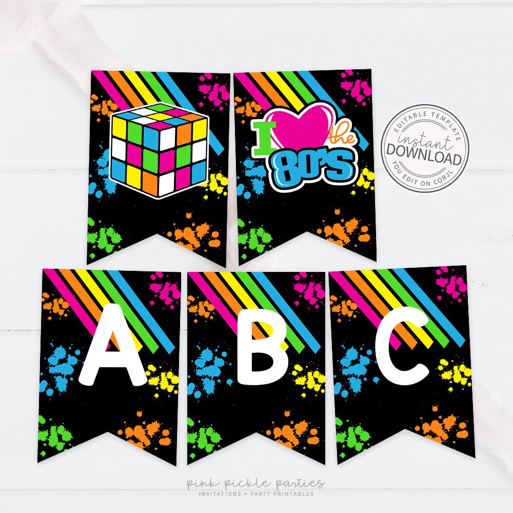 Editable 80s Party Birthday Banner, 80s Party Decorations, 1980s Theme ...