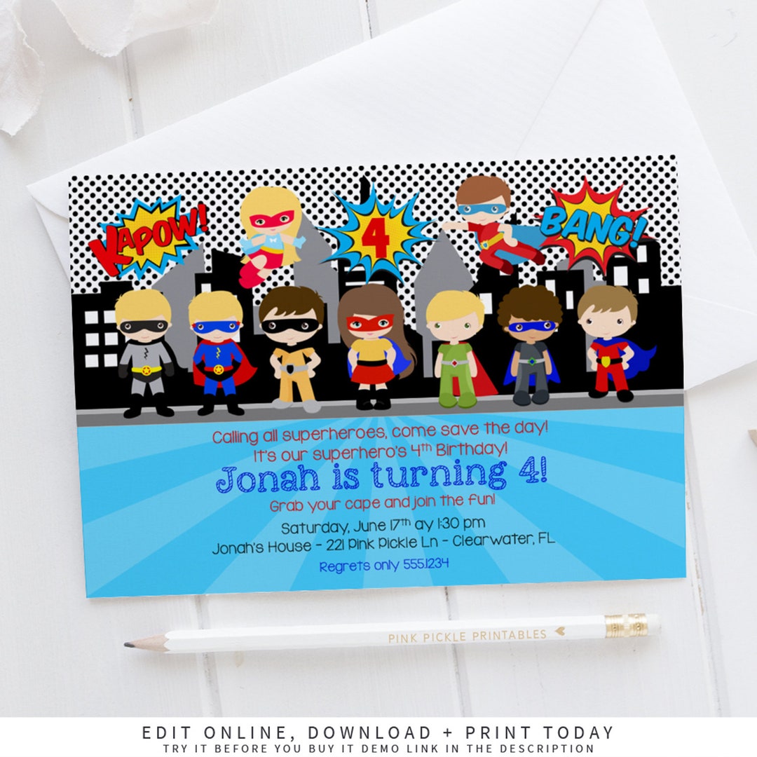 Superhero Invitation, Superhero Party, Superhero Printable, Superhero ...