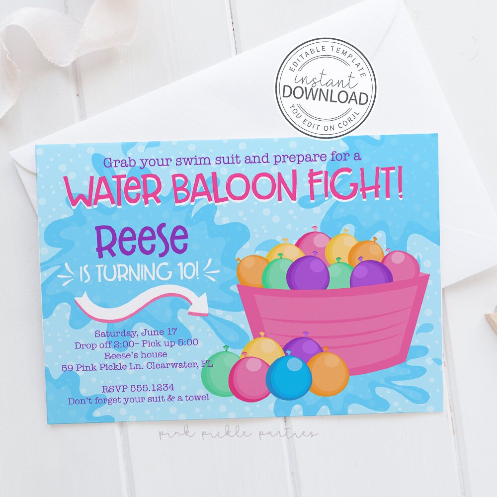 Water Balloon Invitation, Water Balloon Invite, Water Balloon Party ...