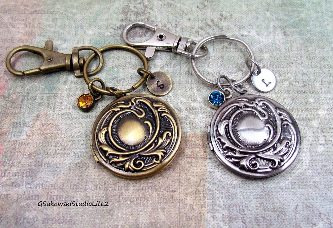 Round Locket Key Ring Personalized Hand Stamped Initial Birthstone ...
