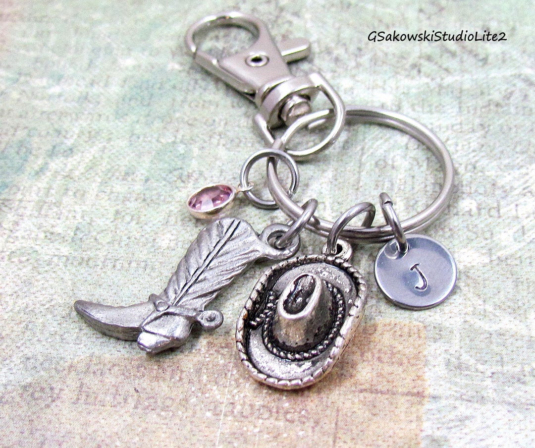Cowboy Boot and Hat Charms Keychain, Personalized Antique Silver Hand ...