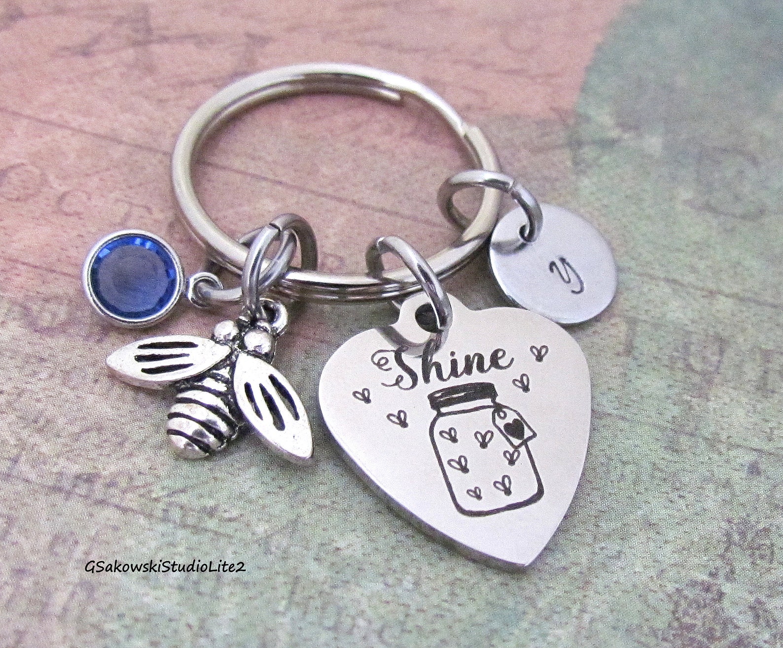 Shine Firefly Charm Key Ring, Personalized Antique Silver Initial Mason ...