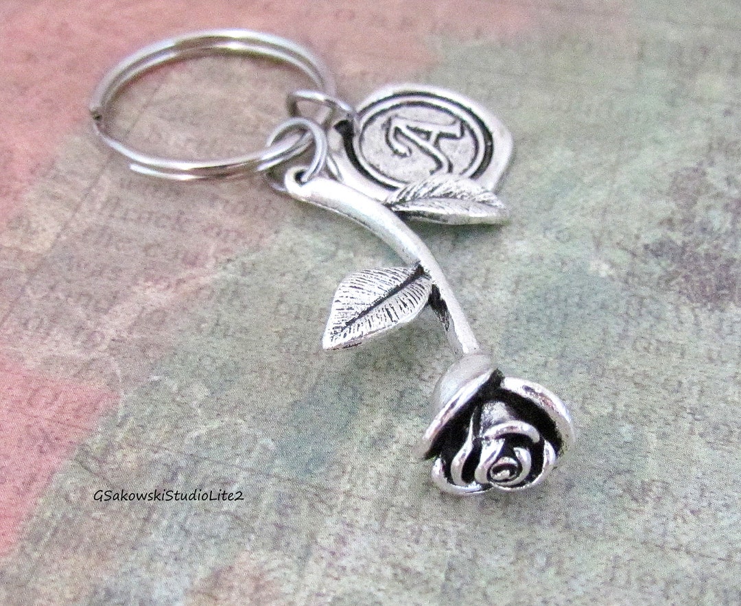 Rose Flower Charm Keychain, Personalized Antique Silver Wax Seal ...