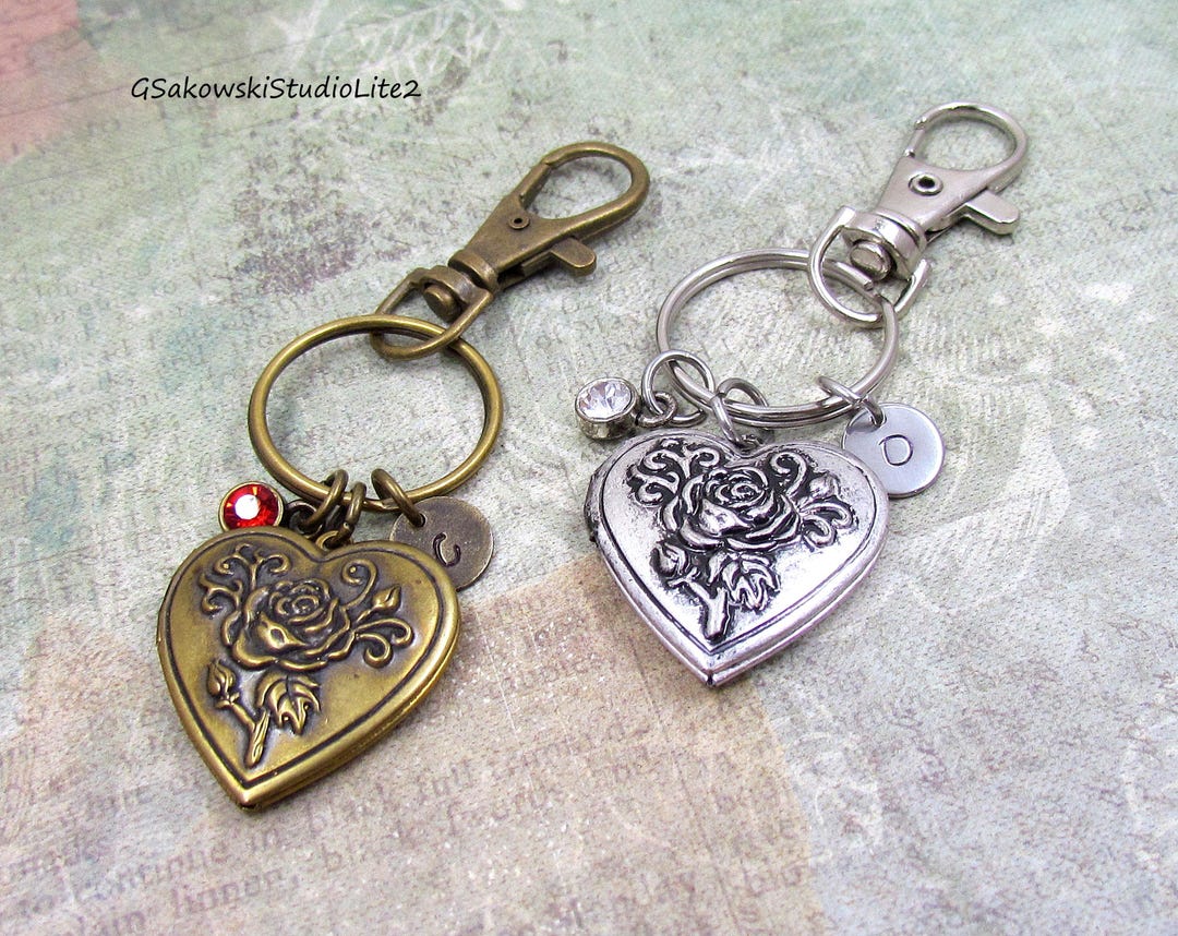 Heart Locket Key Ring Personalized Hand Stamped Initial Birthstone Rose ...