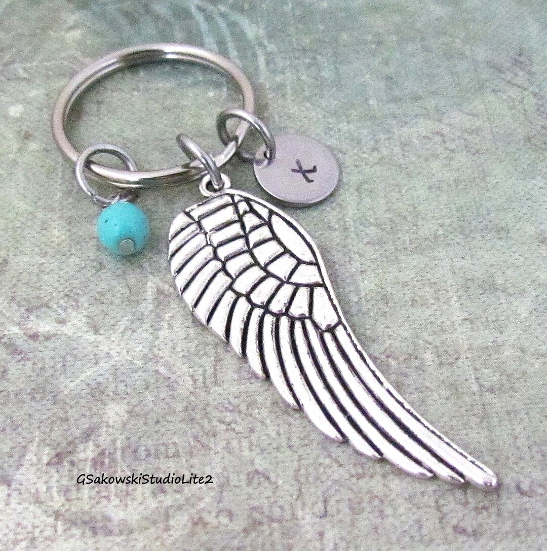 Angel Wing Charm Key Ring, Personalized Antique Silver Initial Angel ...