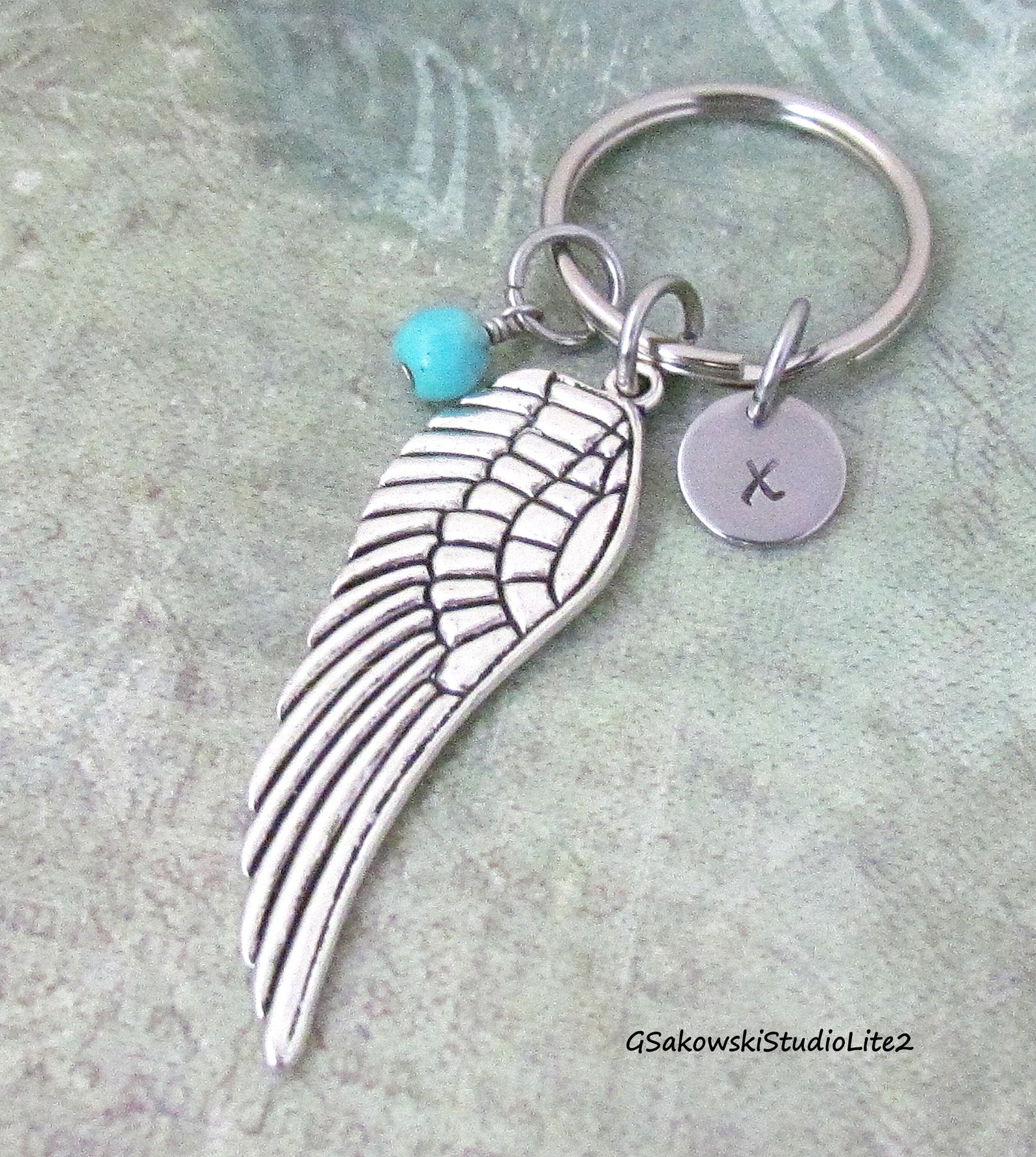Angel Wing Charm Key Ring Personalized Antique Silver Initial - Etsy